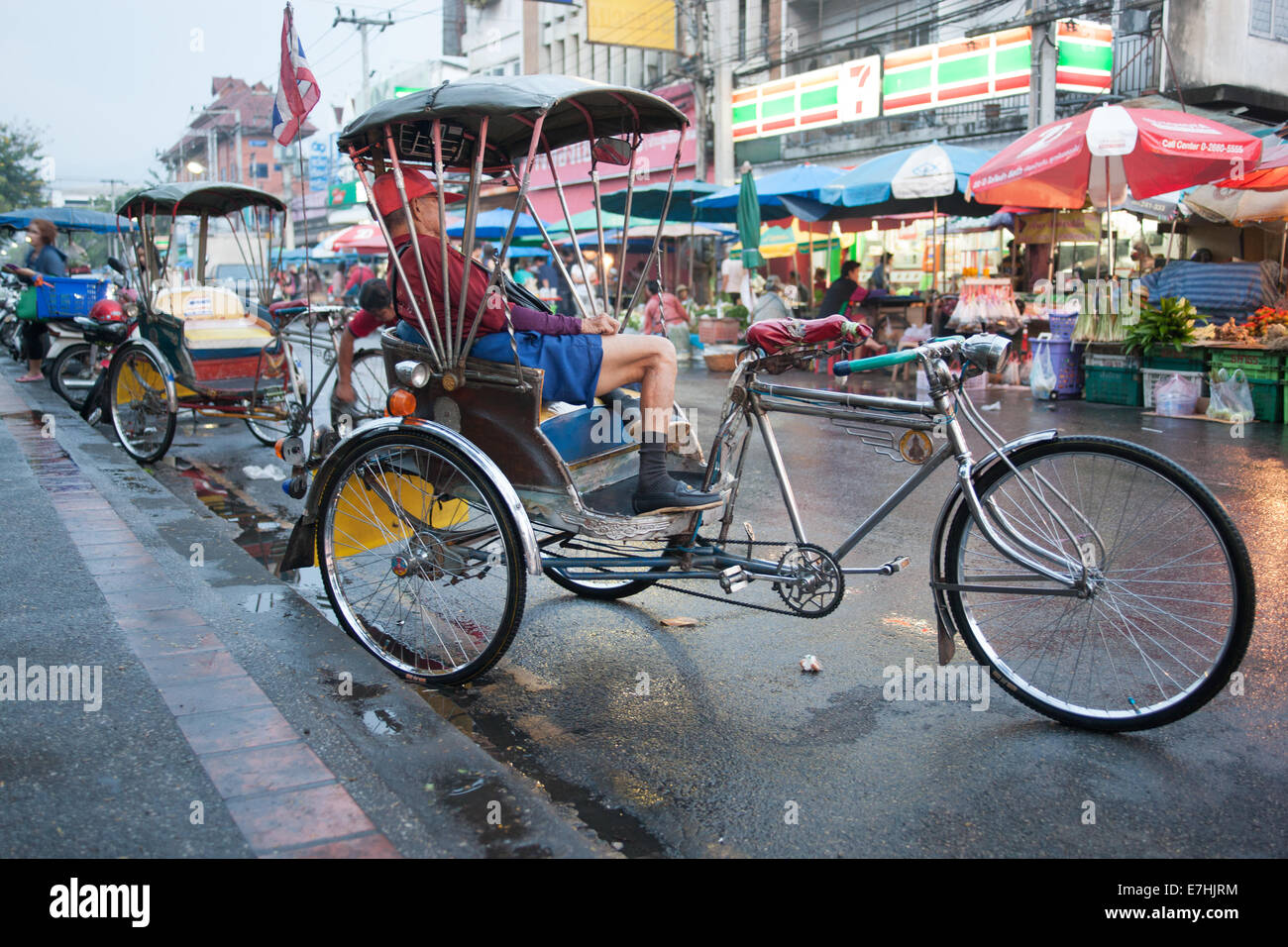 Rickshaw drivers line up uotside a market in Chiang Mai, Thailand Stock ...