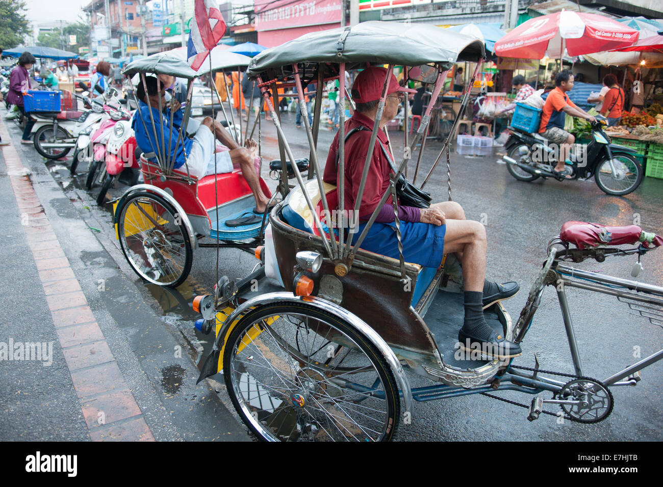 Rickshaw drivers line up uotside a market in Chiang Mai, Thailand Stock ...