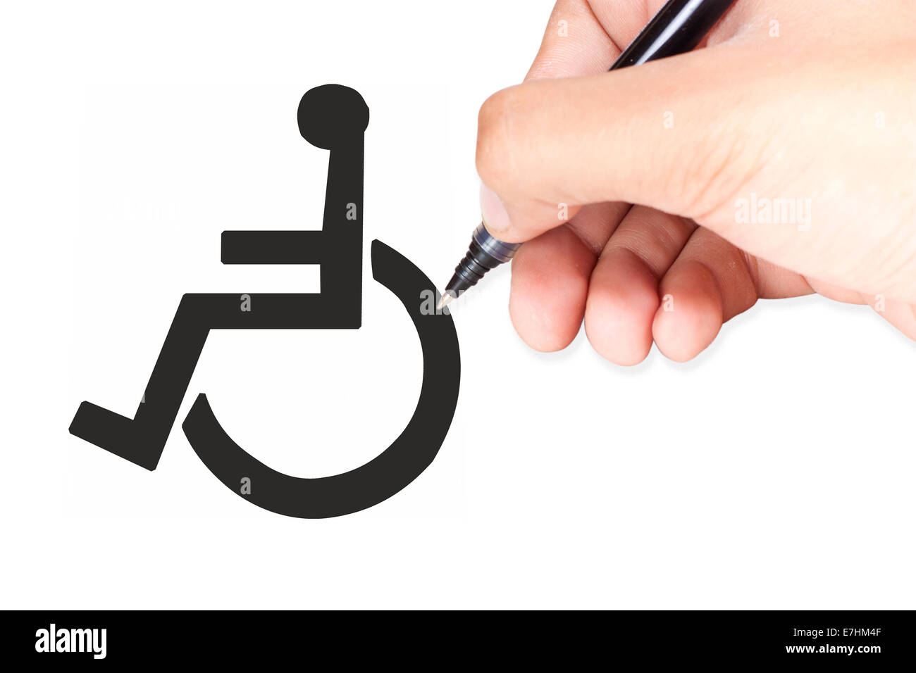 Hand isolated on white with clipping path drawing a handicap sign on ...