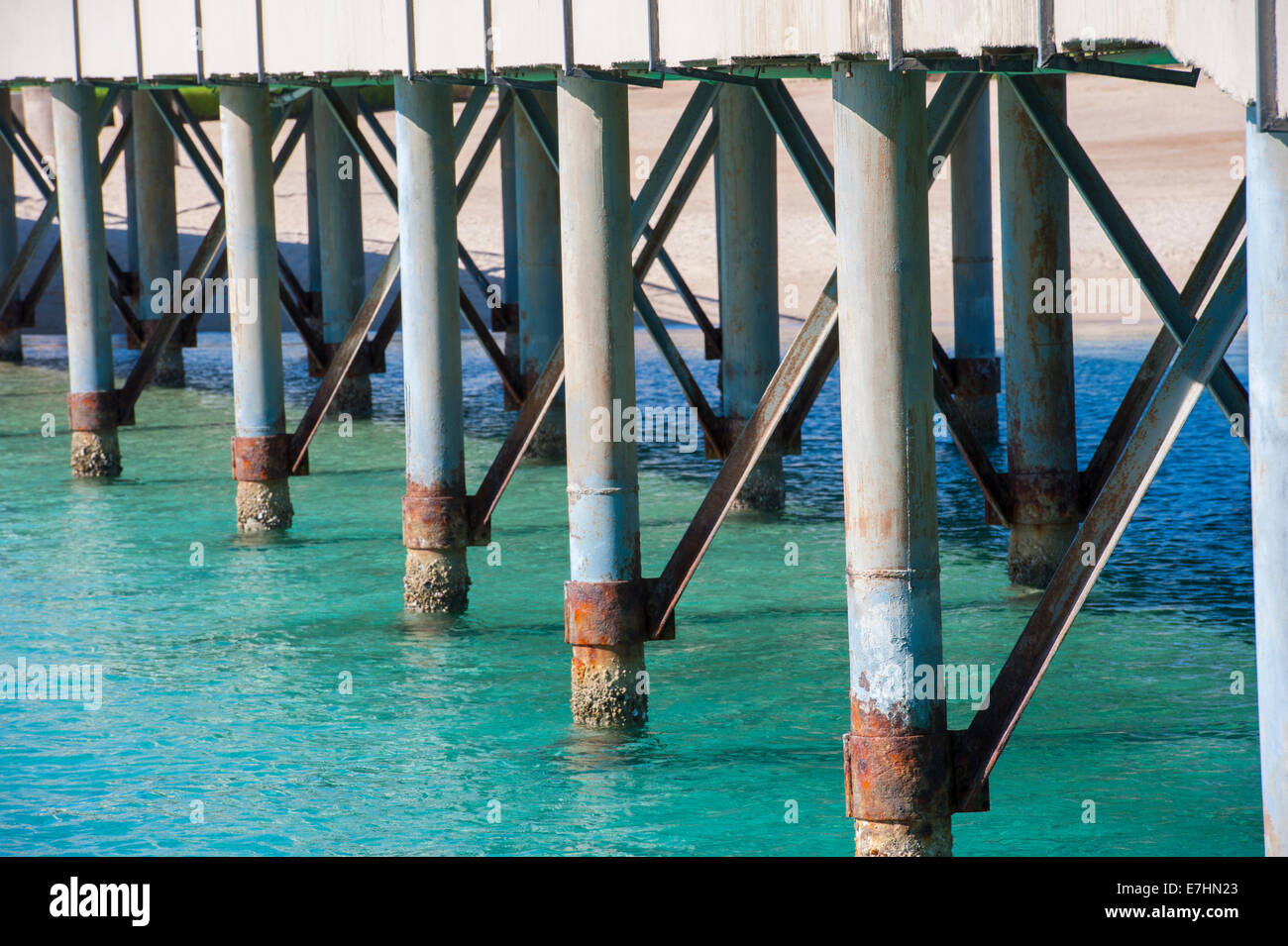 Closeup detail of row with metal support structure under pier Stock ...