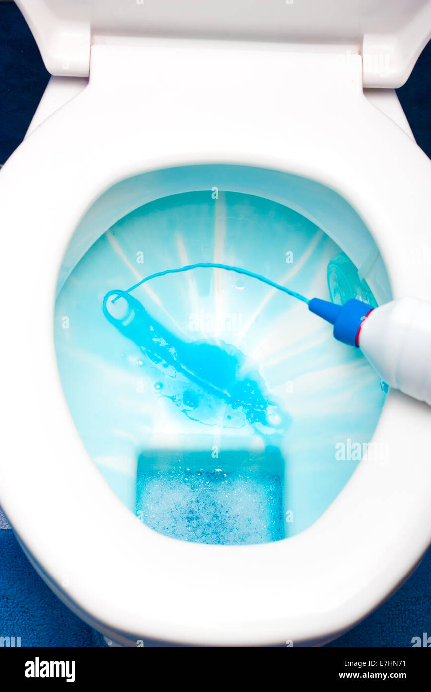 Disinfecting a toilet with a blue disinfectant Stock Photo - Alamy