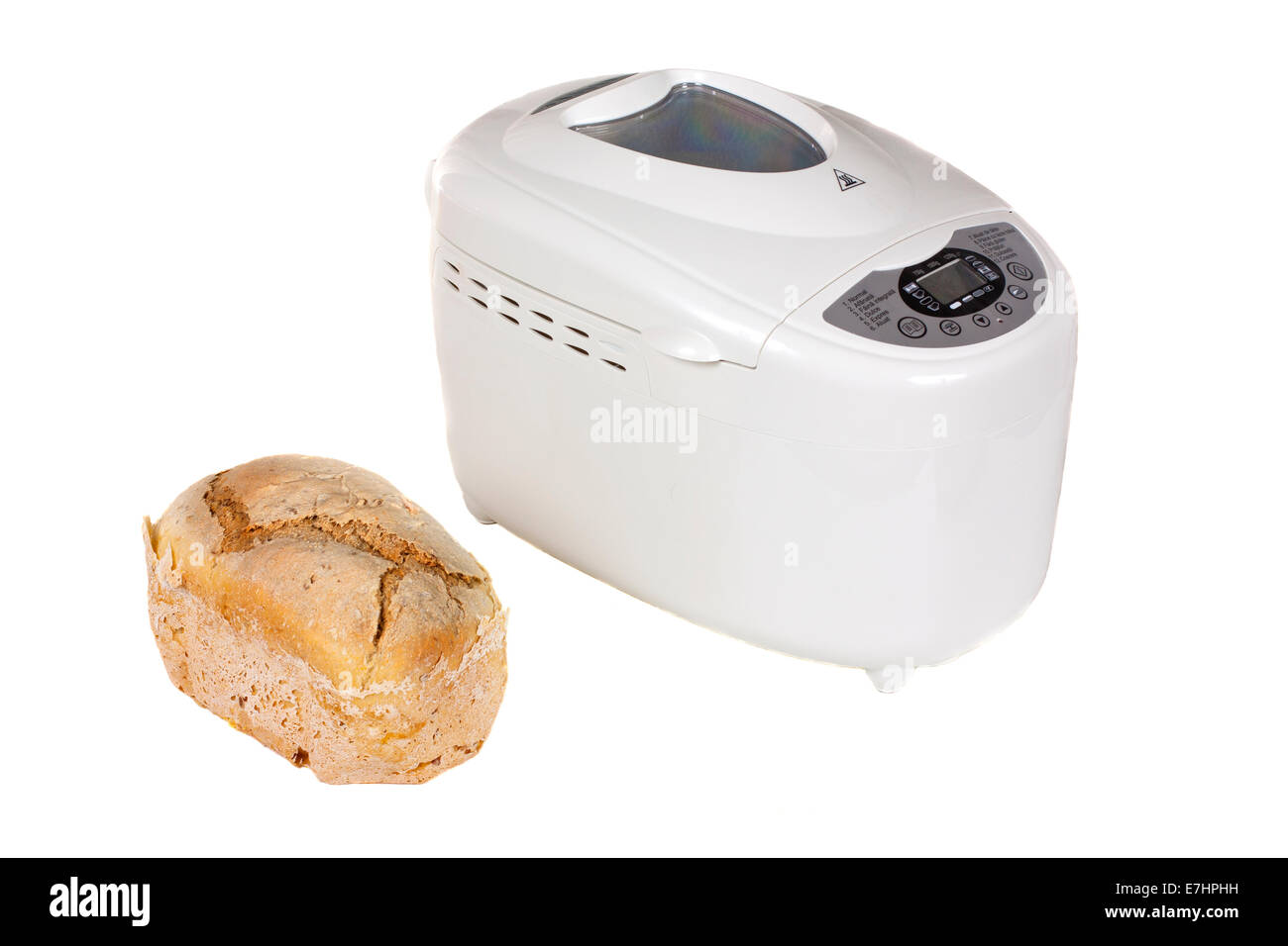 Electric bread maker and one fresh bread isolated on a white background ...