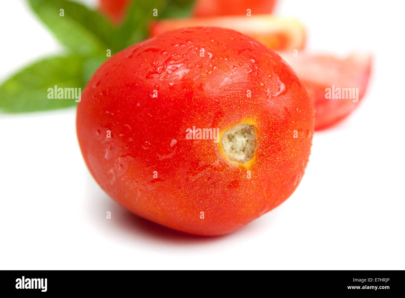 One tomato and basil isolated on white background Stock Photo - Alamy