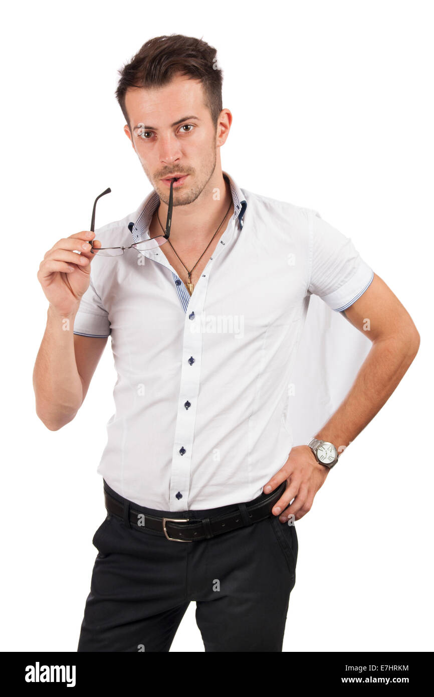 Business man thinking for solutions isolated over white background ...