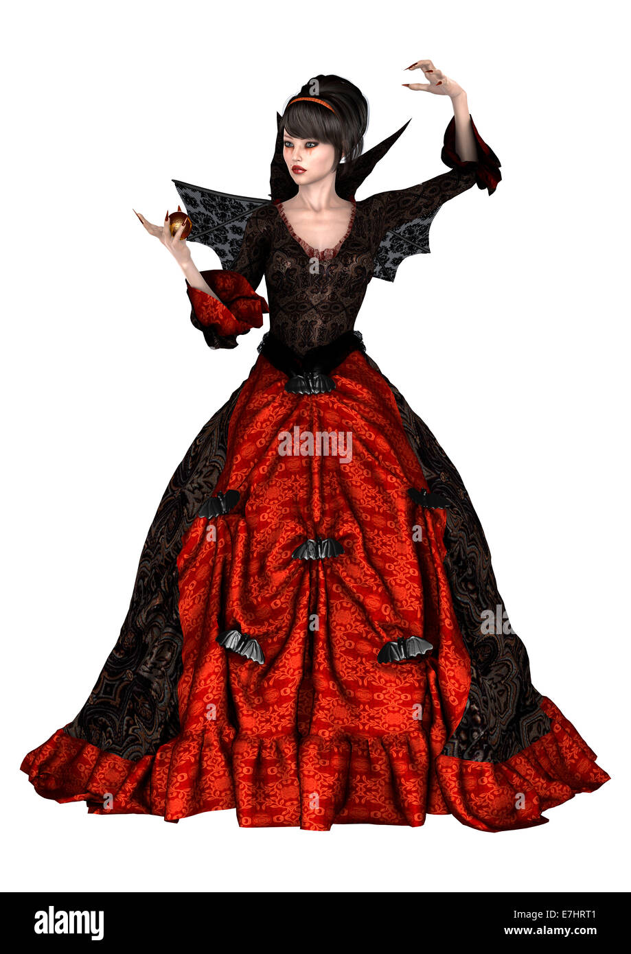 3D digital render of a beautiful fantasy female wizard in a red and ...