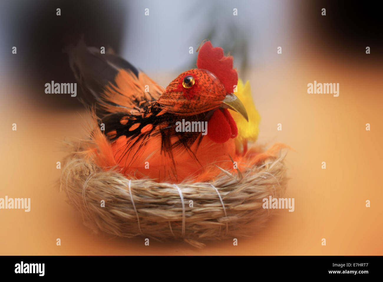 color rooster in a joyful Easter basket with colored background Stock ...