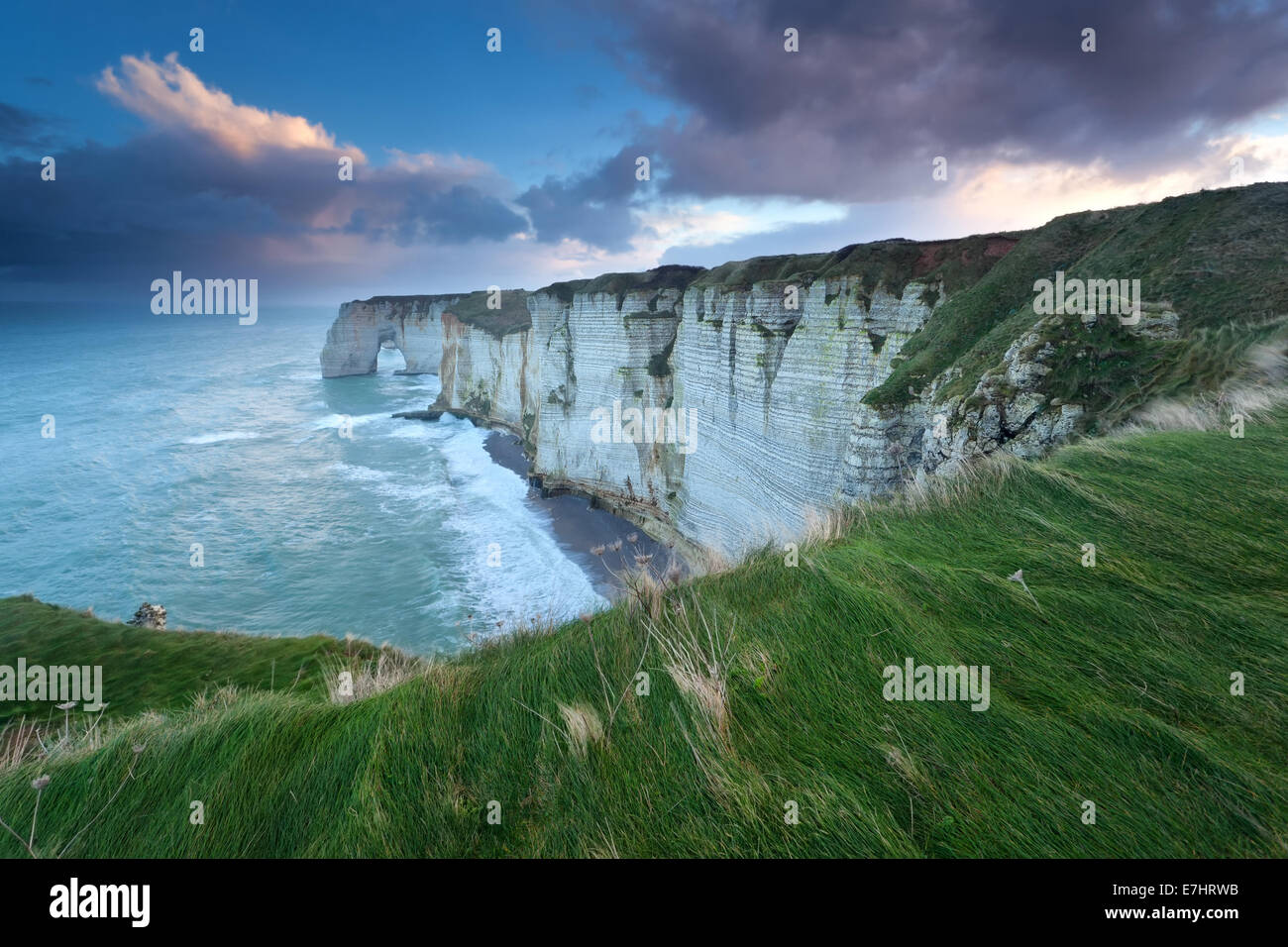 sunrise over Atlantic ocean rocky coast, Etretat, Normandy, France ...