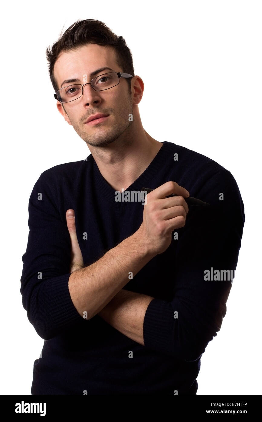 Young casual man with marker isolated over white Stock Photo - Alamy