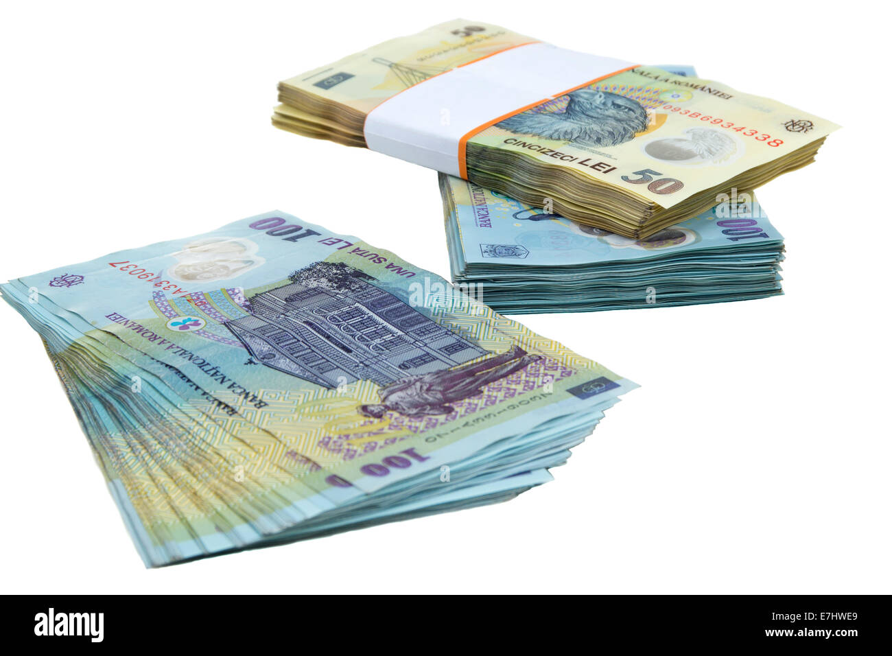 Three stack of romanian money isolated over white background Stock ...