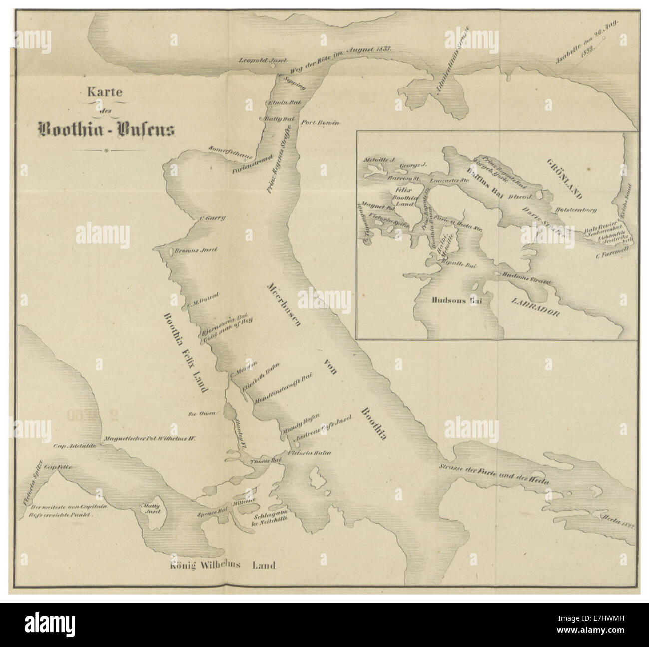 An 1848 map from Heinzlmann’s *Kartenblatt Kanada*, showing Boothia Bay ...