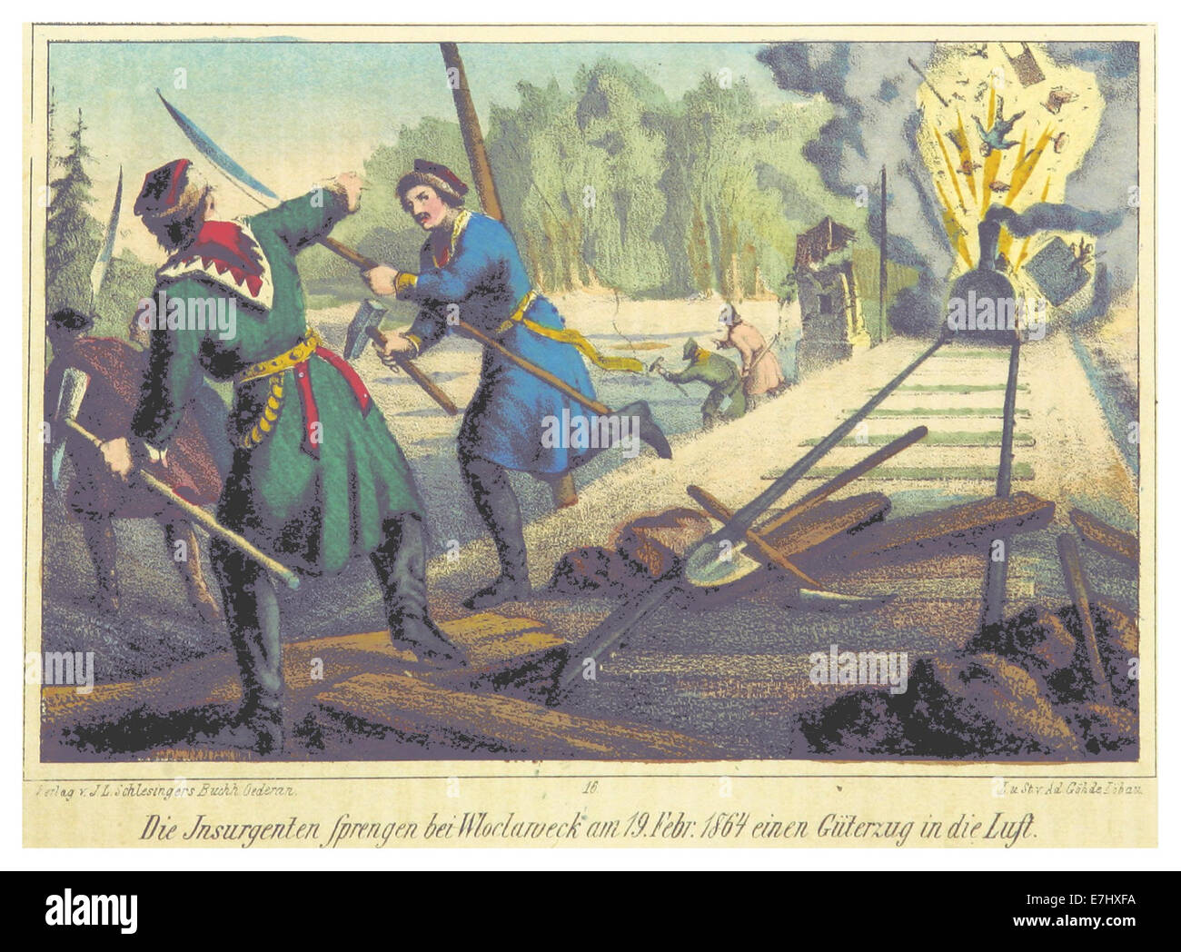 This 1864 illustration depicts the explosion of a train by insurgents ...