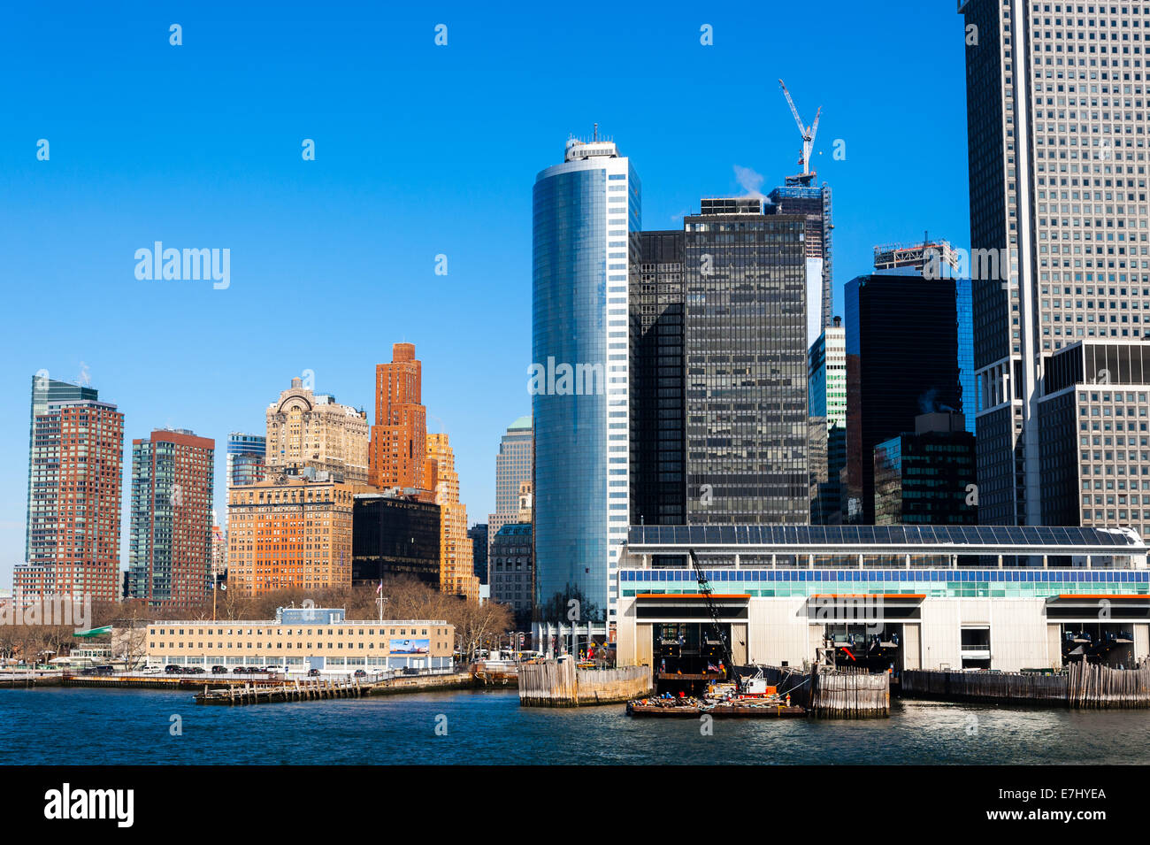 US, New York City. Lower Manhattan seen from the Staten Island ferry ...
