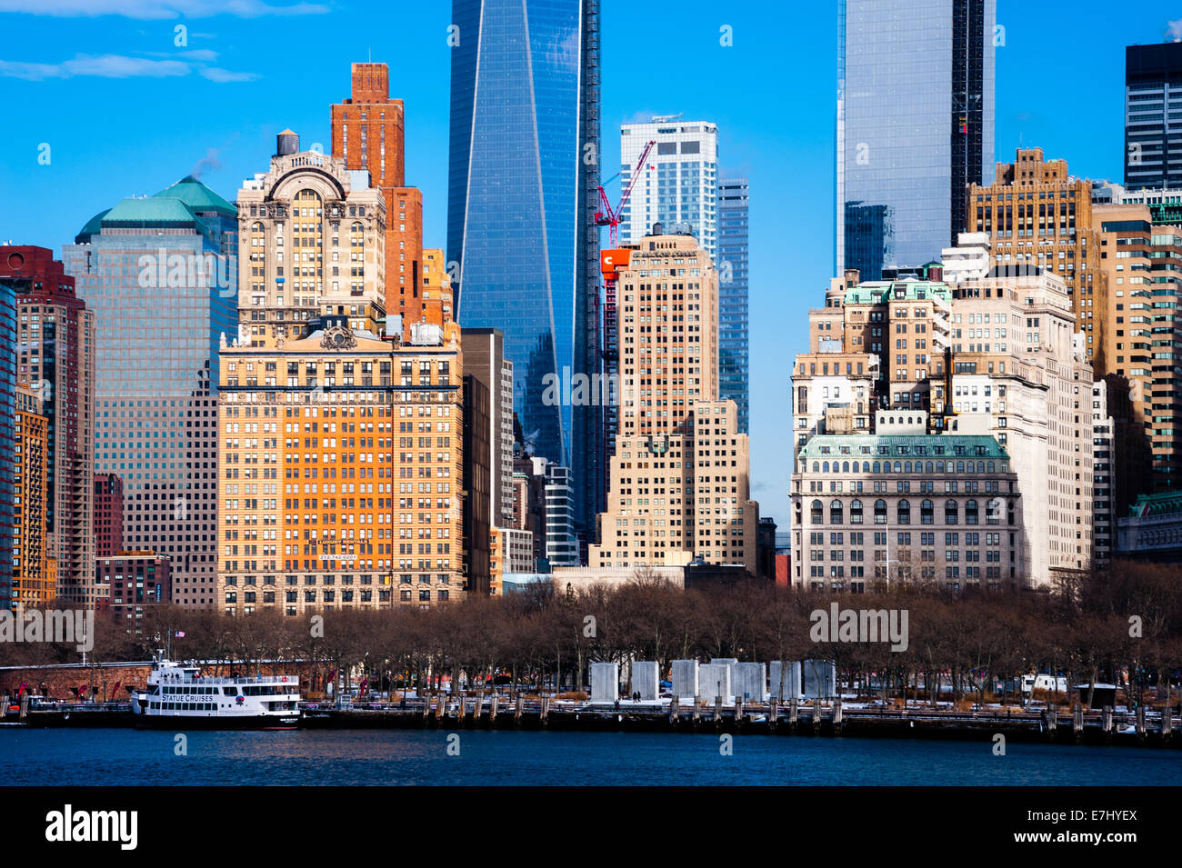 US, New York City. Lower Manhattan seen from the Staten Island ferry ...