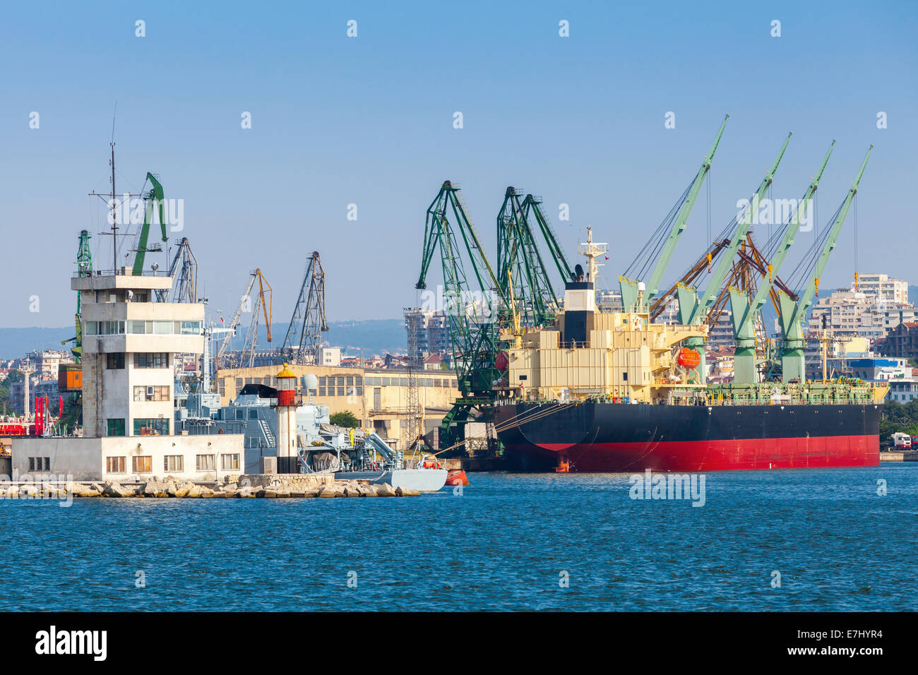 Big industrial cargo ship is loading in port of Varna, Bulgaria Stock ...