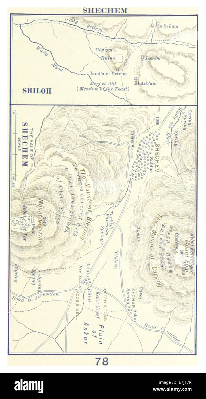 An 1899 illustration of Shechem, an ancient city in Israel. The drawing ...