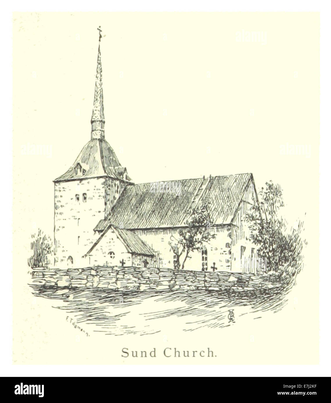 This 1894 illustration by Mechelin depicts Sund Church, showcasing its ...