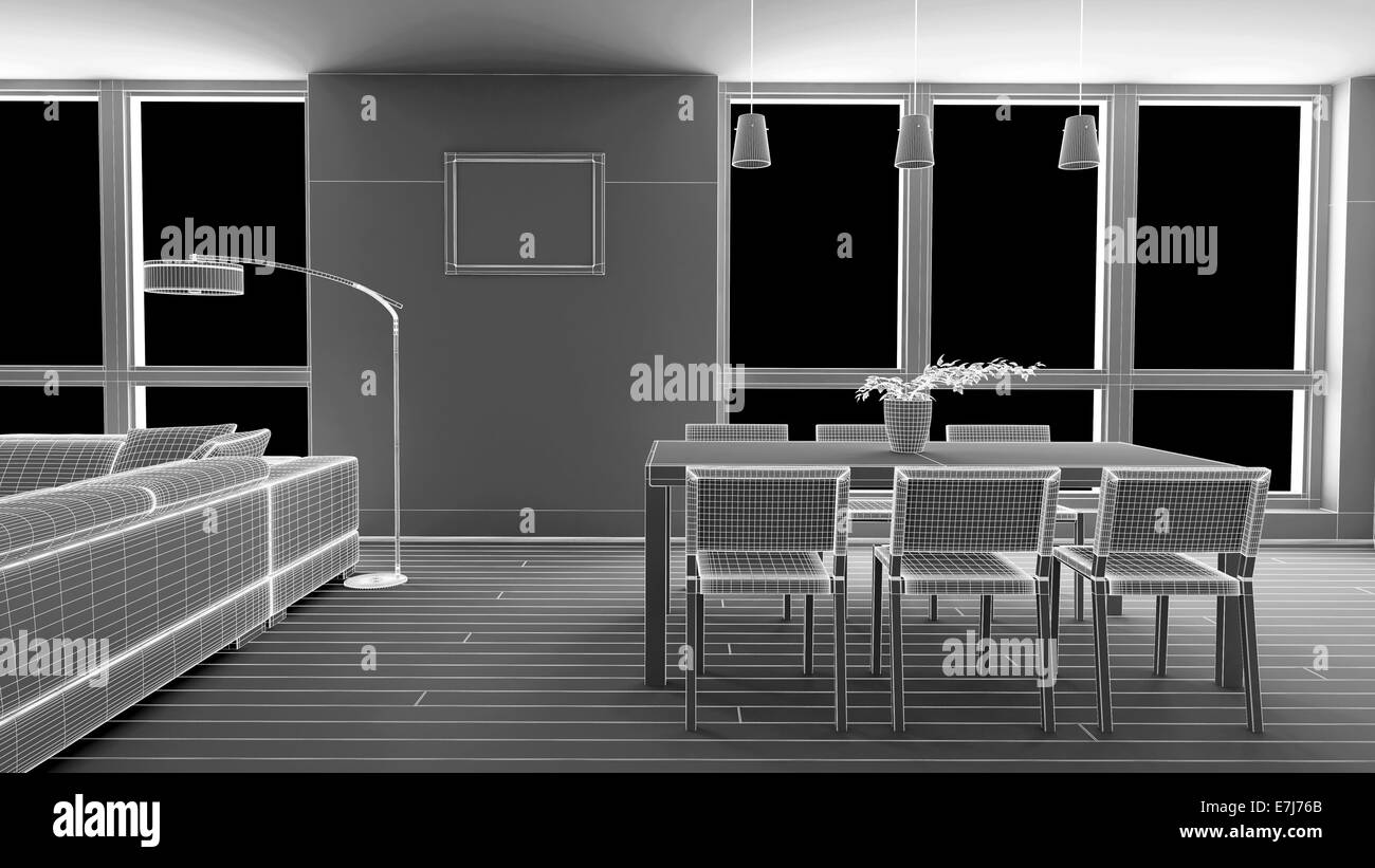 Interior render of a dining room without materials Stock Photo - Alamy