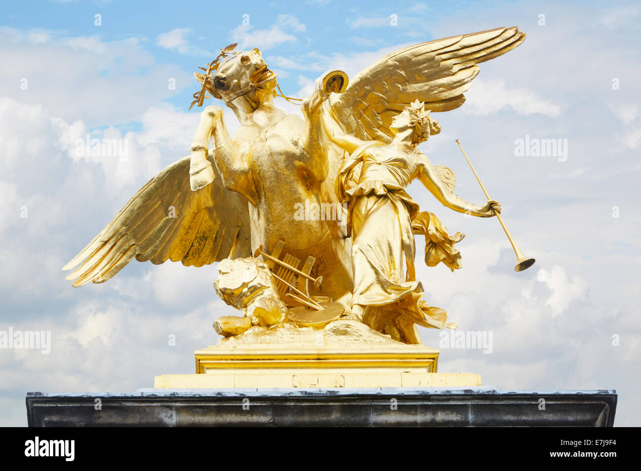 Alexandre III bridge golden statue in Paris Stock Photo - Alamy