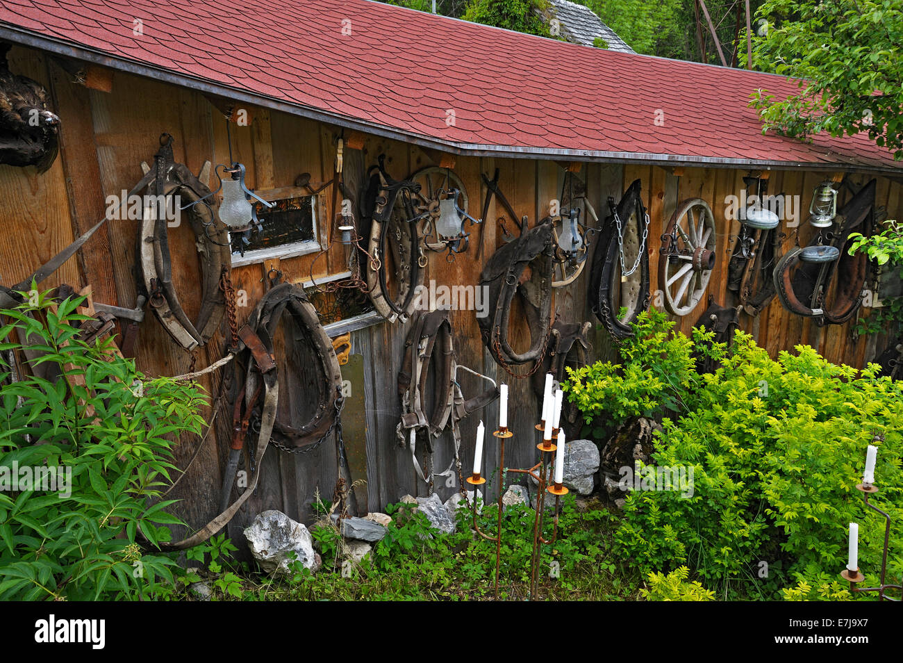 Various yokes on the Carriage Museum, near Hinterstein, Allgäu, Bavaria ...