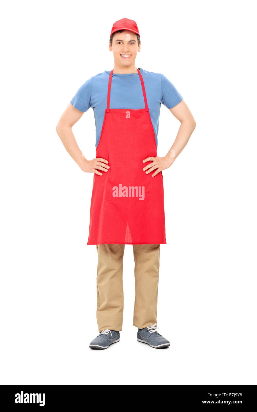 Full length portrait of a male vendor posing isolated on white ...