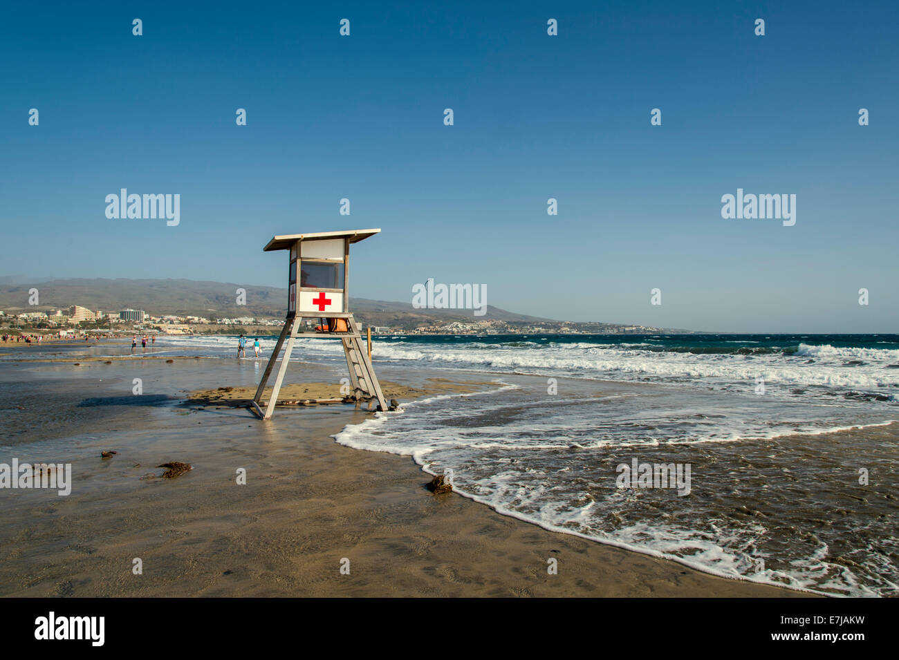 Lifeguard tower of the Cruz Roja, the Spanish Red Cross, on the beach ...