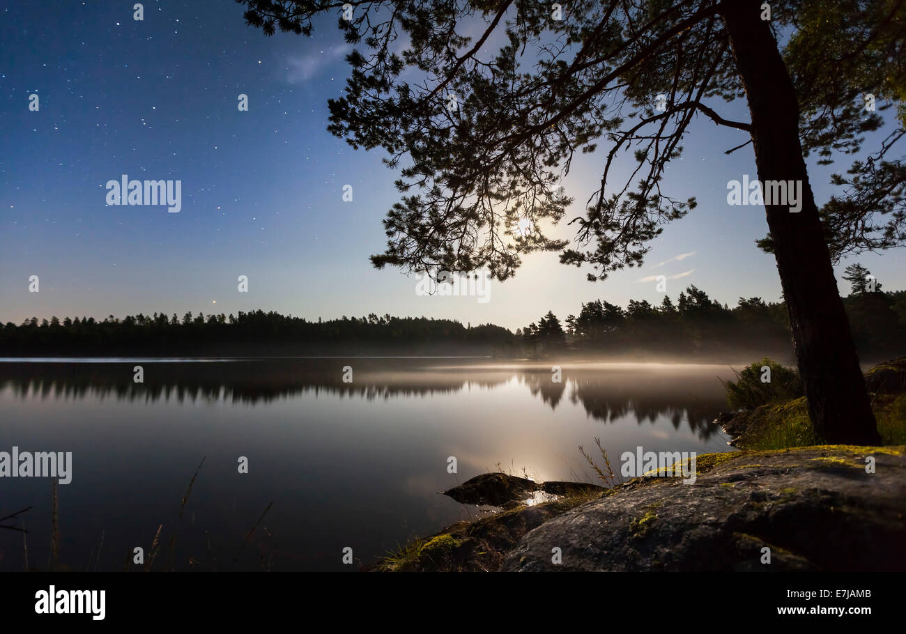 Lake in the moonlight, near Ed, Dalsland, Västra Götaland, Sweden Stock ...
