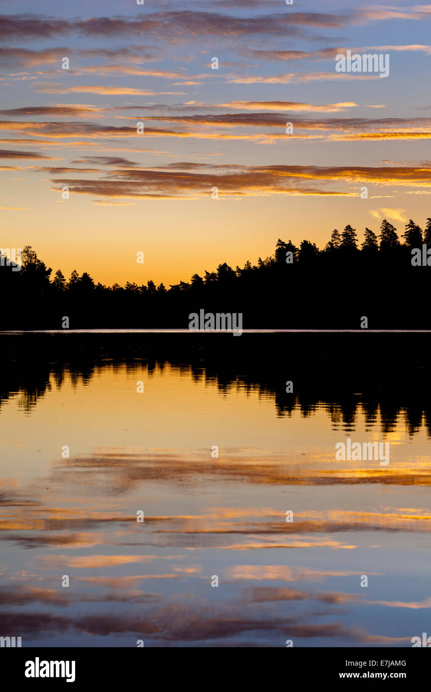 Sunrise at a lake, near Ed, Dalsland, Västra Götaland, Sweden Stock ...