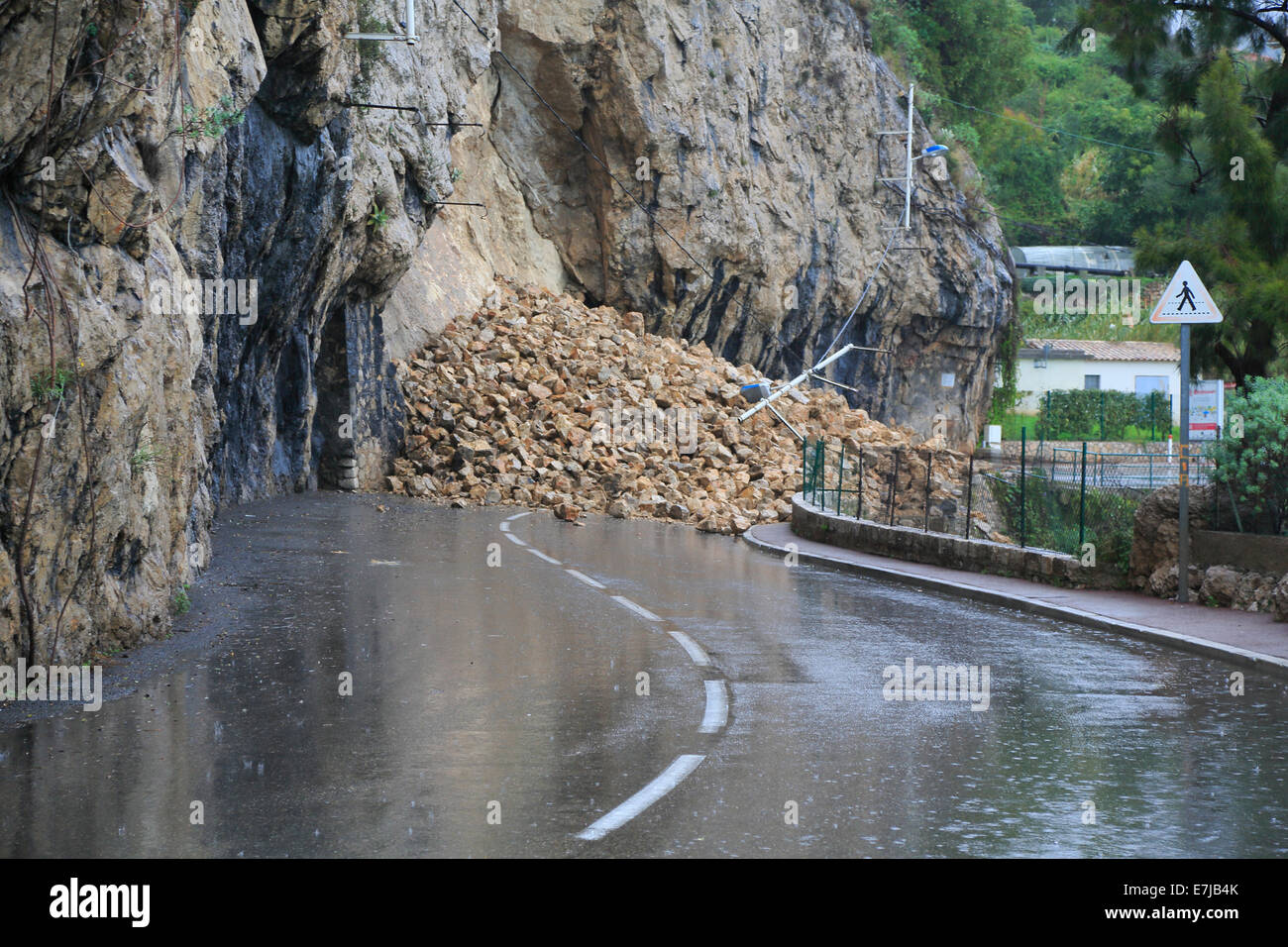 Rockfall after heavy rains on the road between Monaco and Roquebrune ...