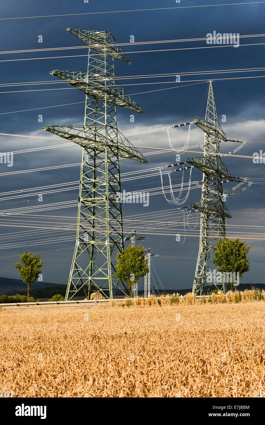 Newly erected high-voltage pylons of the South-West Interconnector of ...