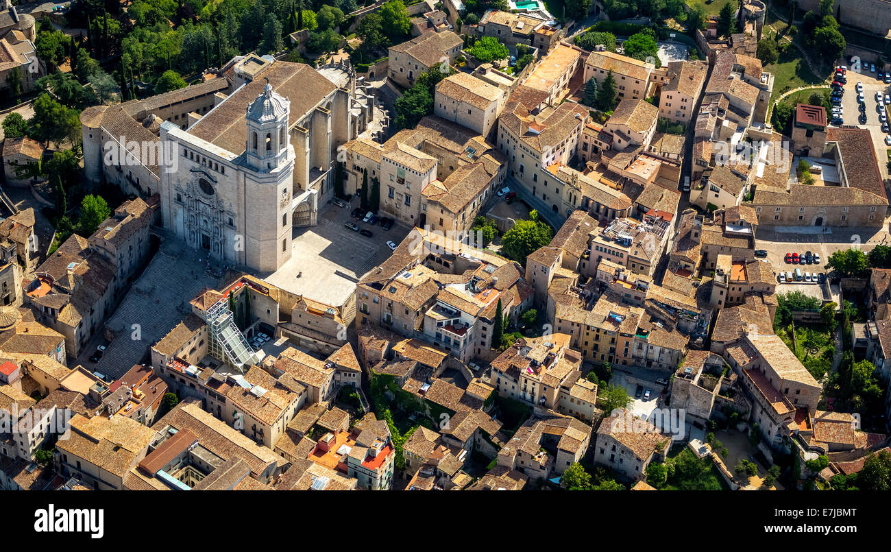 Aerial view, Girona Cathedral, old town, Girona, Catalonia, Spain Stock ...