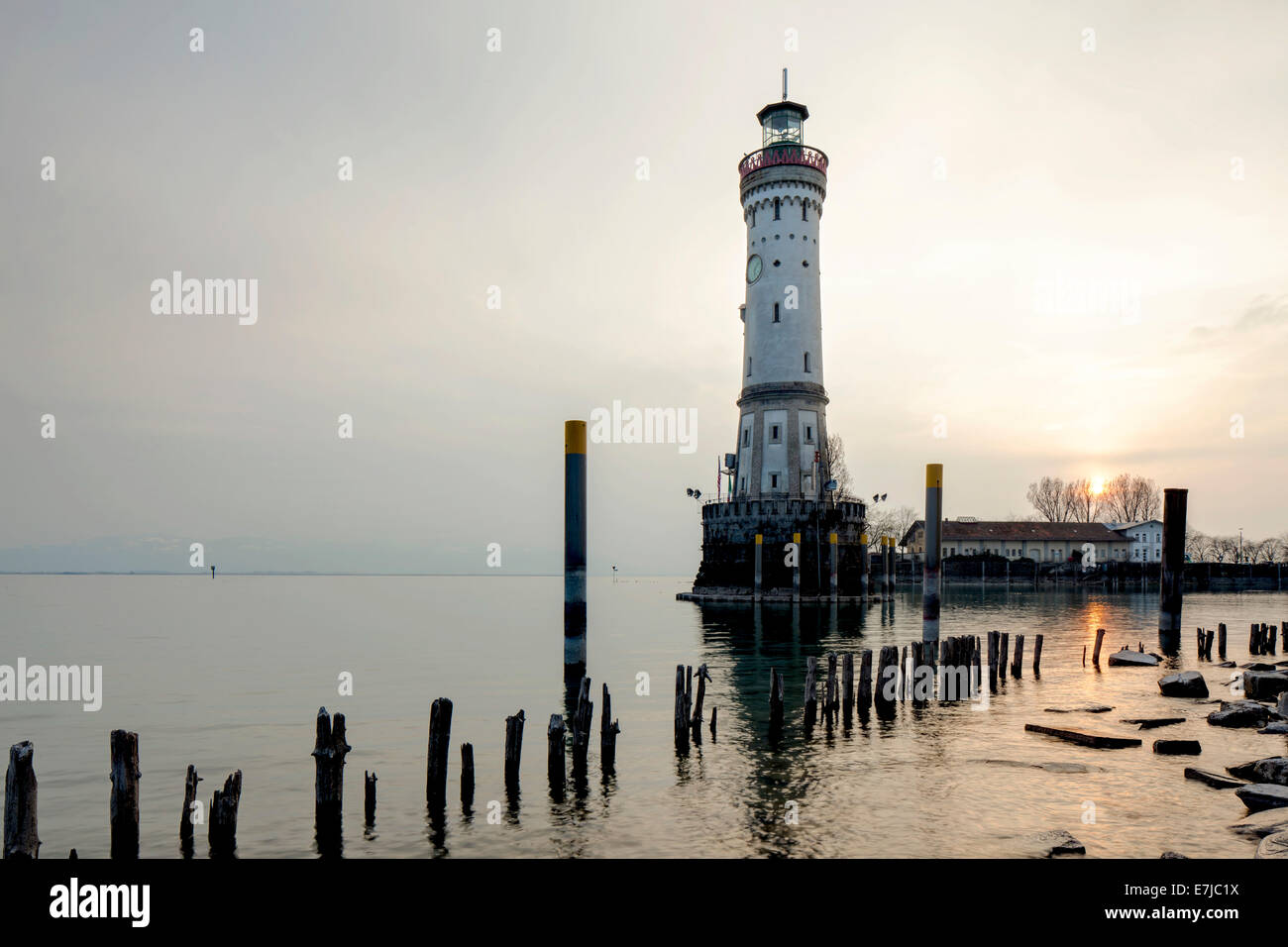 Lighthouse in evening light, Lindau on Lake Constance, Bavaria, Germany ...