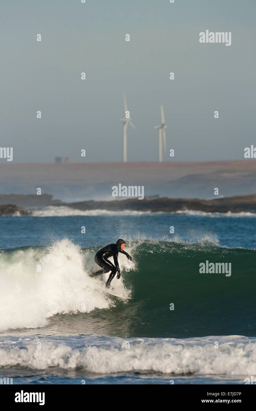 Surfer with wind turbines behind, Sandside Beach, Caithness, Scotland ...