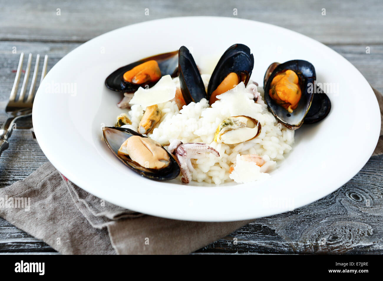 Seafood fresh mussels with rice, closeup Stock Photo - Alamy