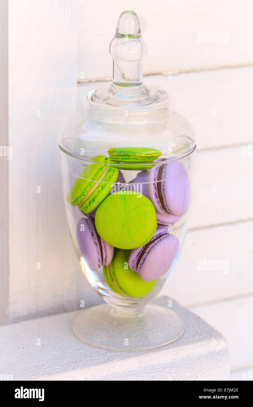 Delicious sweet buffet with colorful glass bowl of macarons Stock Photo ...
