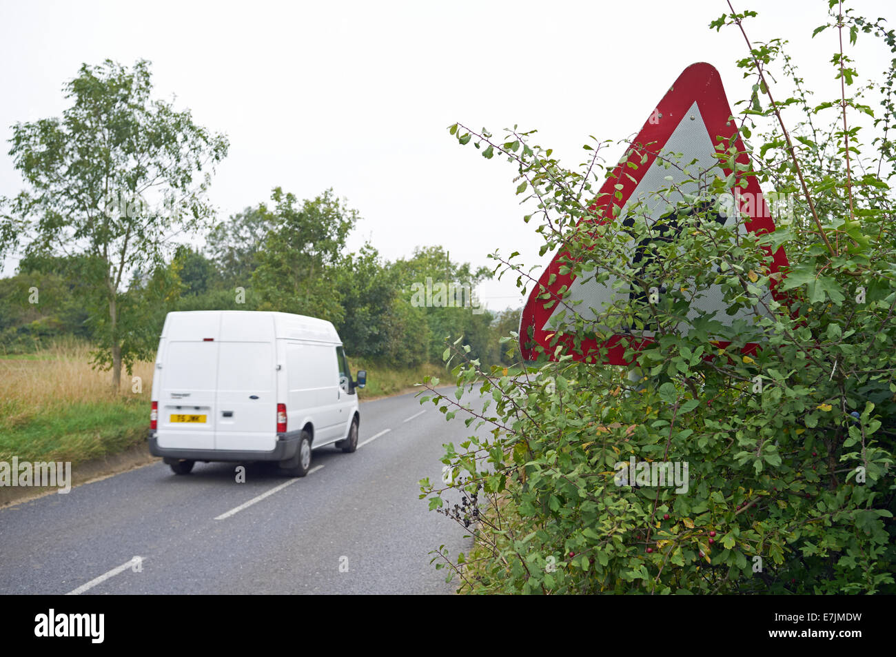 Right bend & left side road traffic sign partly hidden by roadside ...
