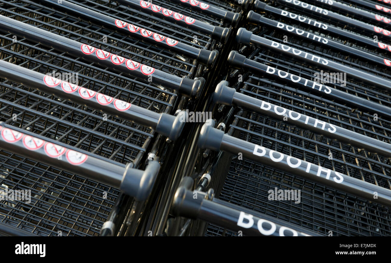 Trolleys at Booths supermarket, Milnthorpe, Cumbria, England UK Stock ...