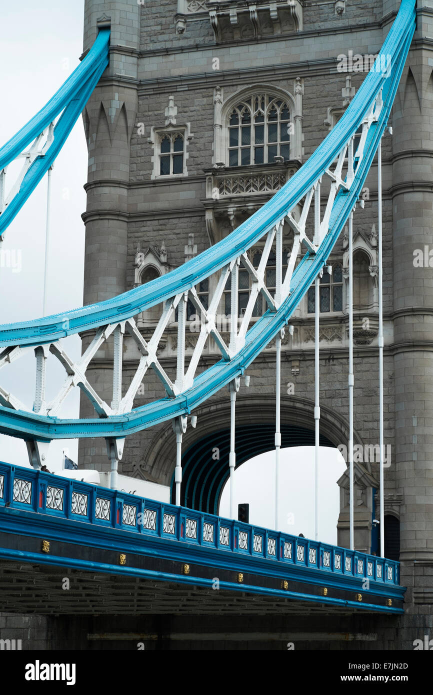 A close view of one tower and details of Tower Bridge in London Stock ...