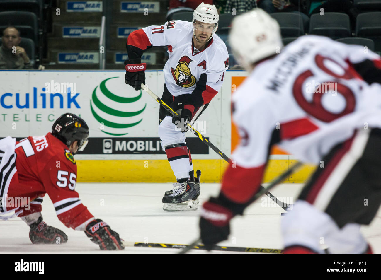 September 15, 2014. Garrett Thompson (71) of the Ottawa Senators looks ...
