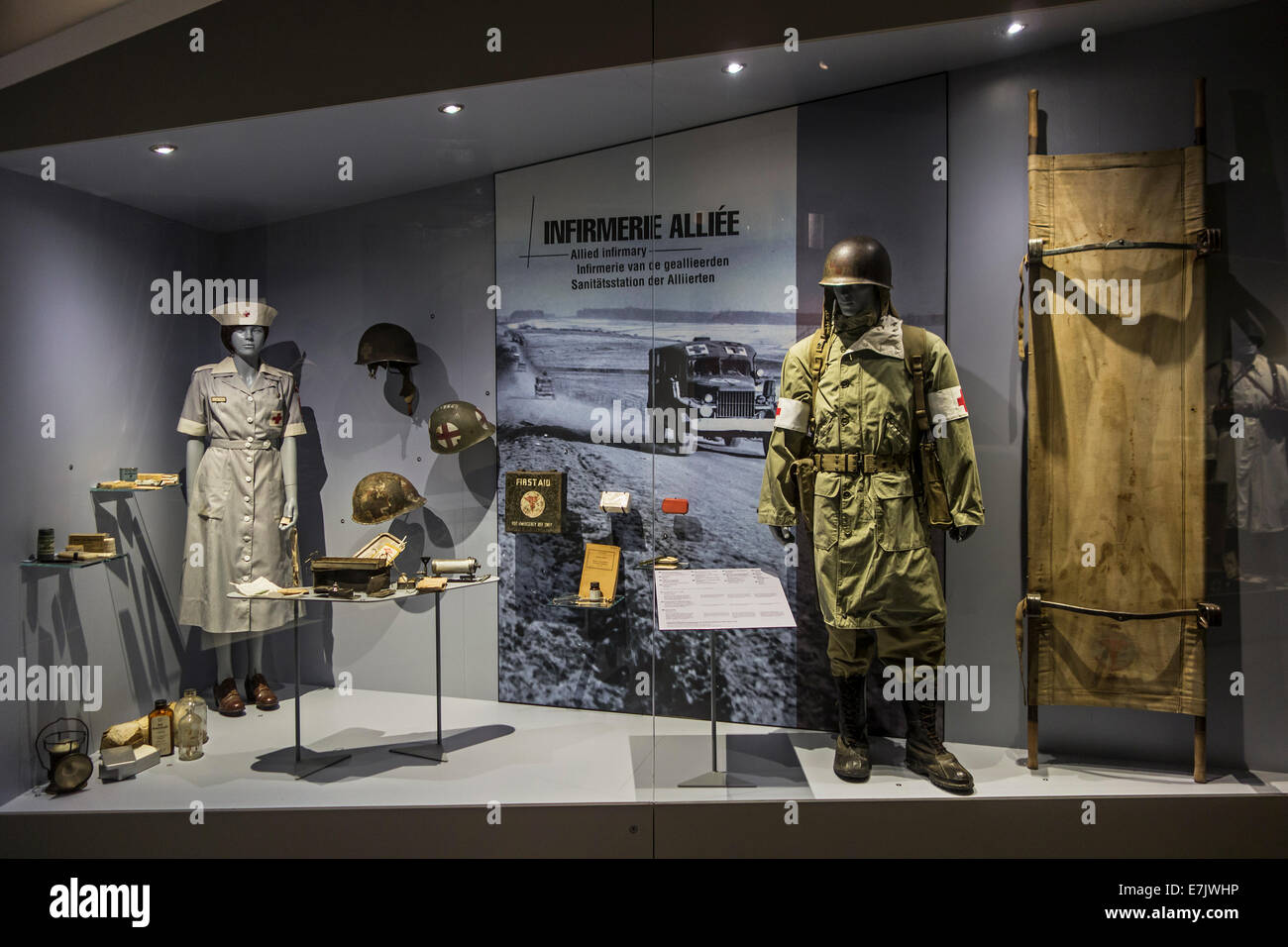 Display about allied first aid and infirmary in the Bastogne War Museum ...