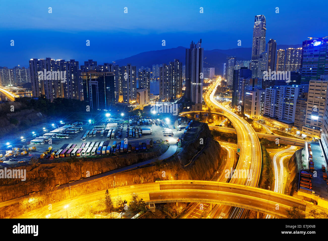 hong kong modern city High speed traffic and blurred light trails Stock ...