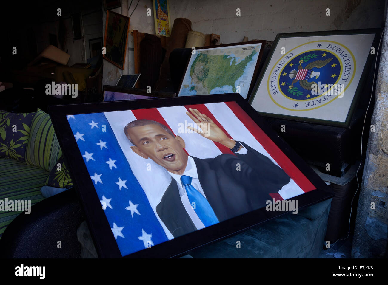 A painting depicting US president Barack Obama in the flea market old ...