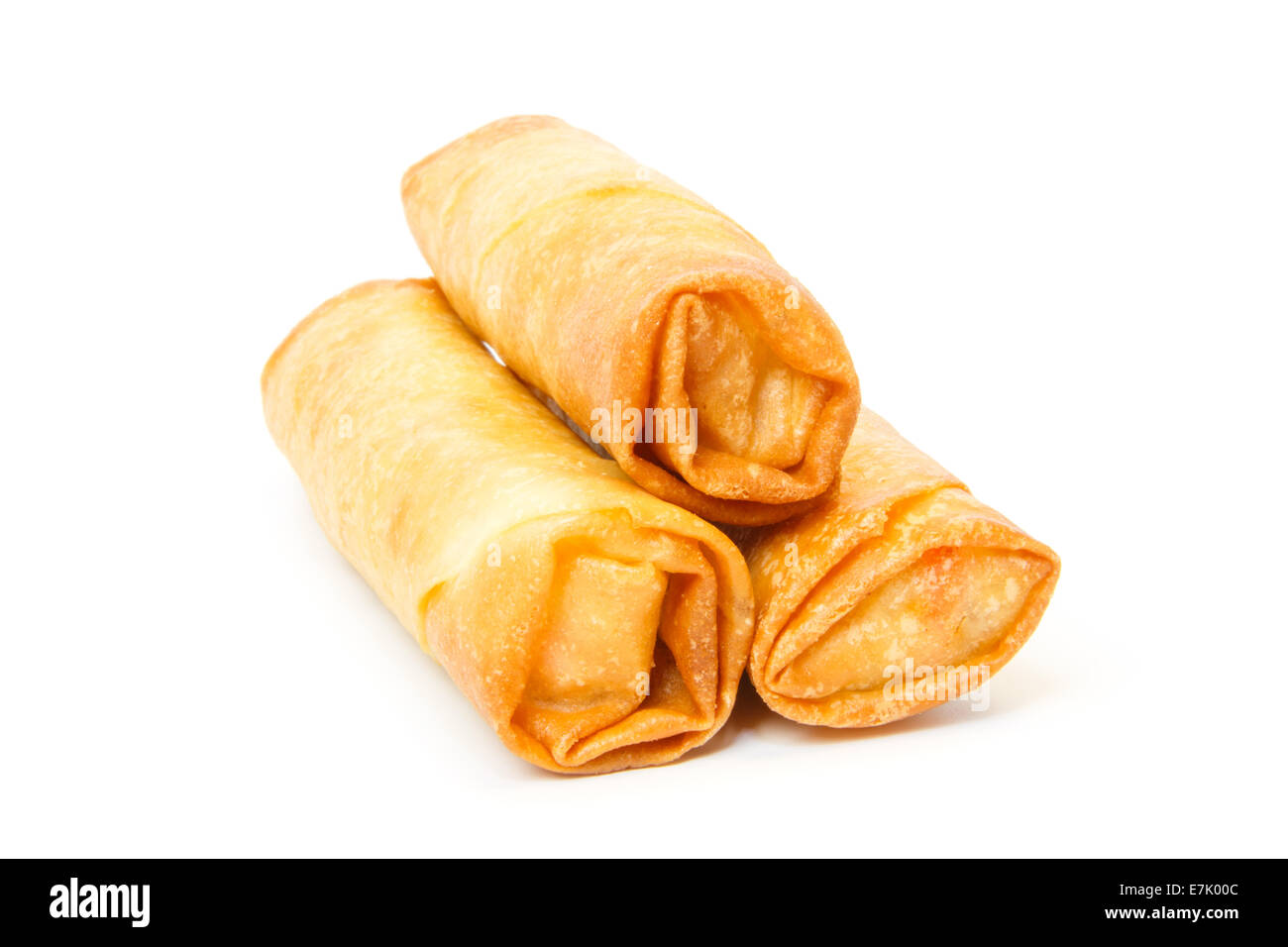 Three fried spring rolls against white background Stock Photo - Alamy
