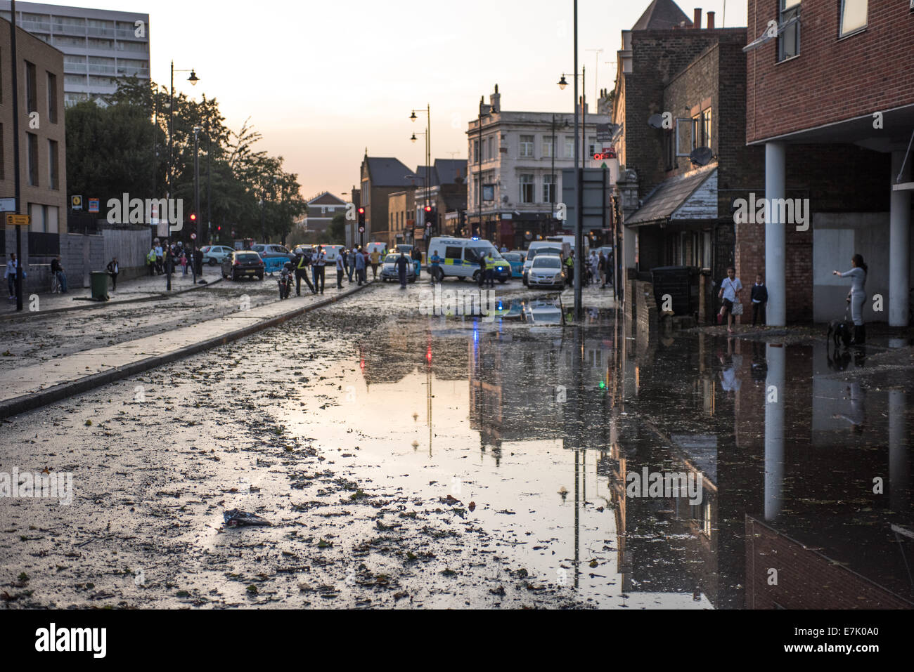 London, UK. 19th September, 2014. A view of garbage strewn Wick Road ...