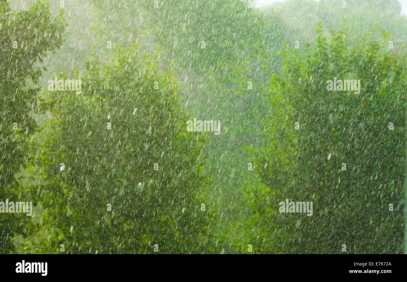 Summer rainy outside window, water drops droplets raindrops on glass windowpane as background ...