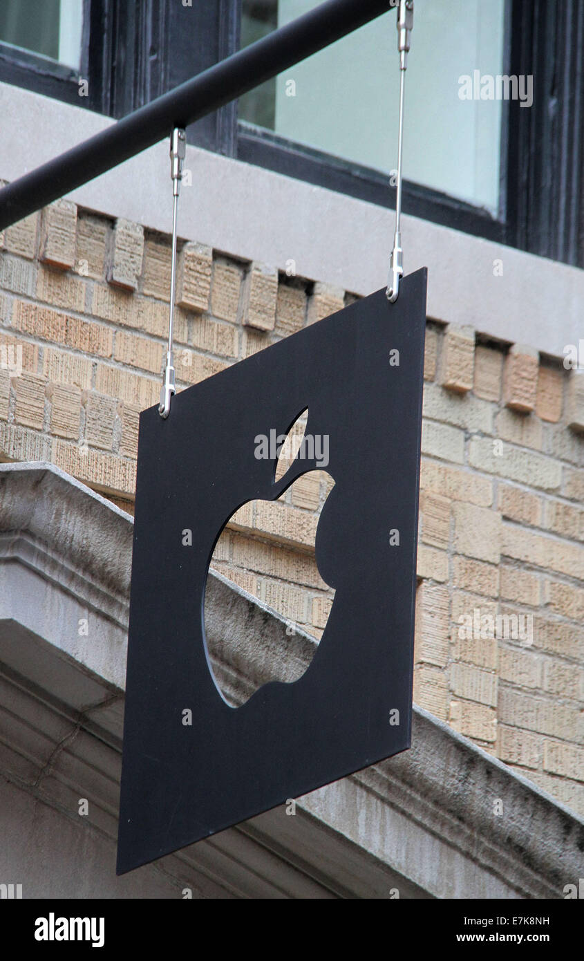 New York, New York, USA. 19th Sep, 2014. A view of the Apple logo sign ...