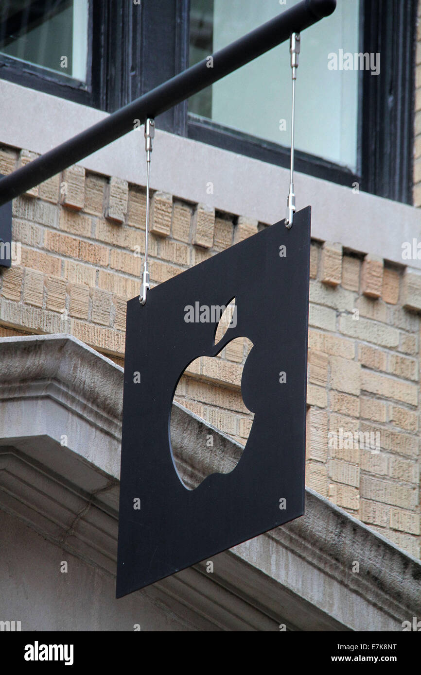 New York, New York, USA. 19th Sep, 2014. A view of the Apple logo sign ...