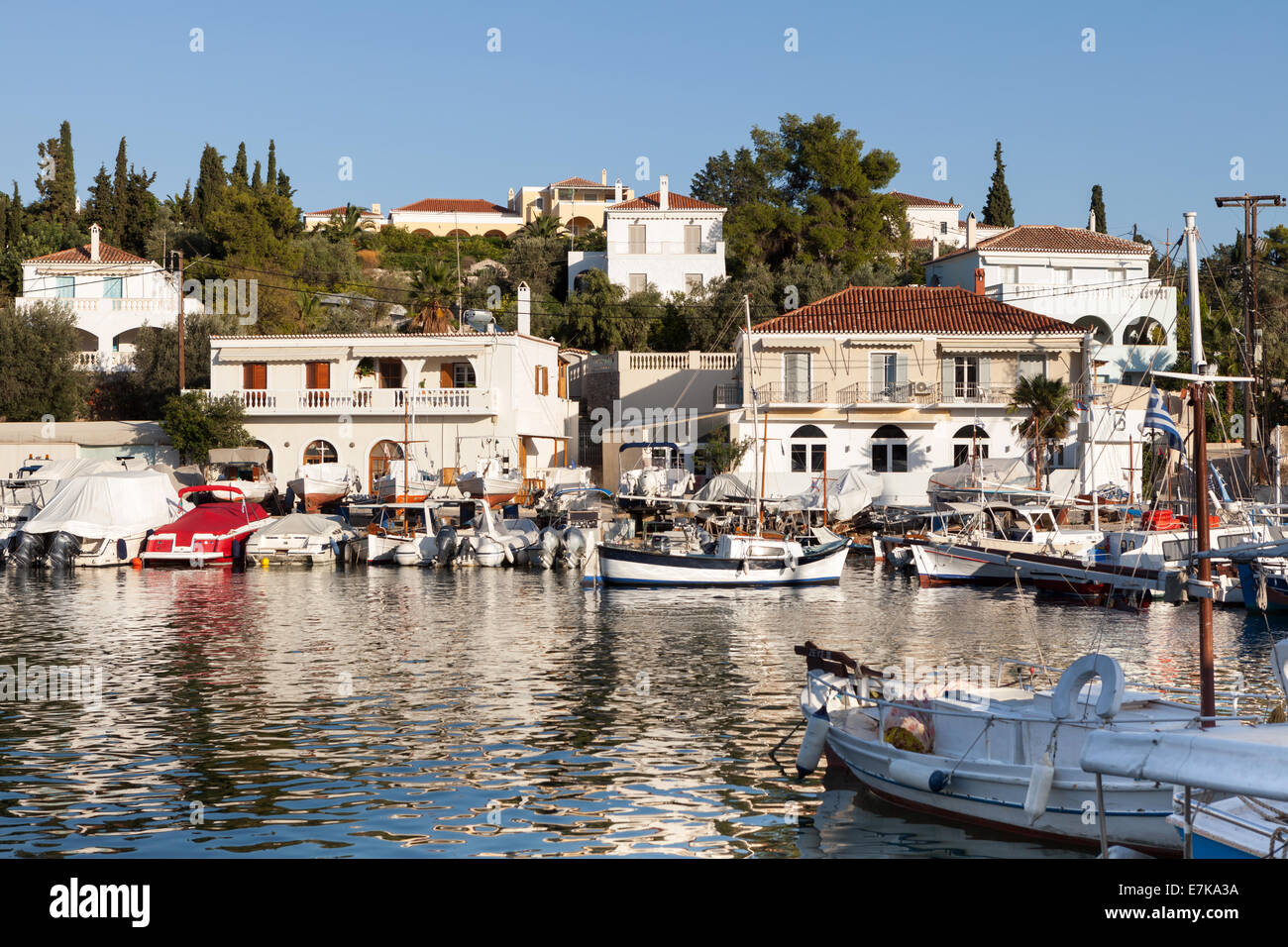 The old harbour at Spetses Town on the Greek Aegean island of Spetses ...