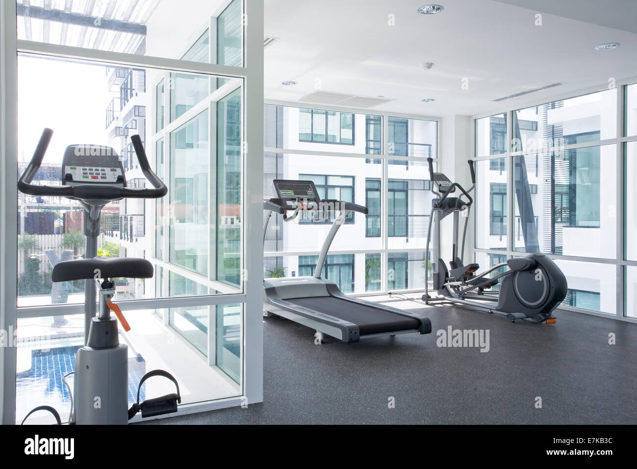 Panoramic view of modern style gym interior Stock Photo - Alamy