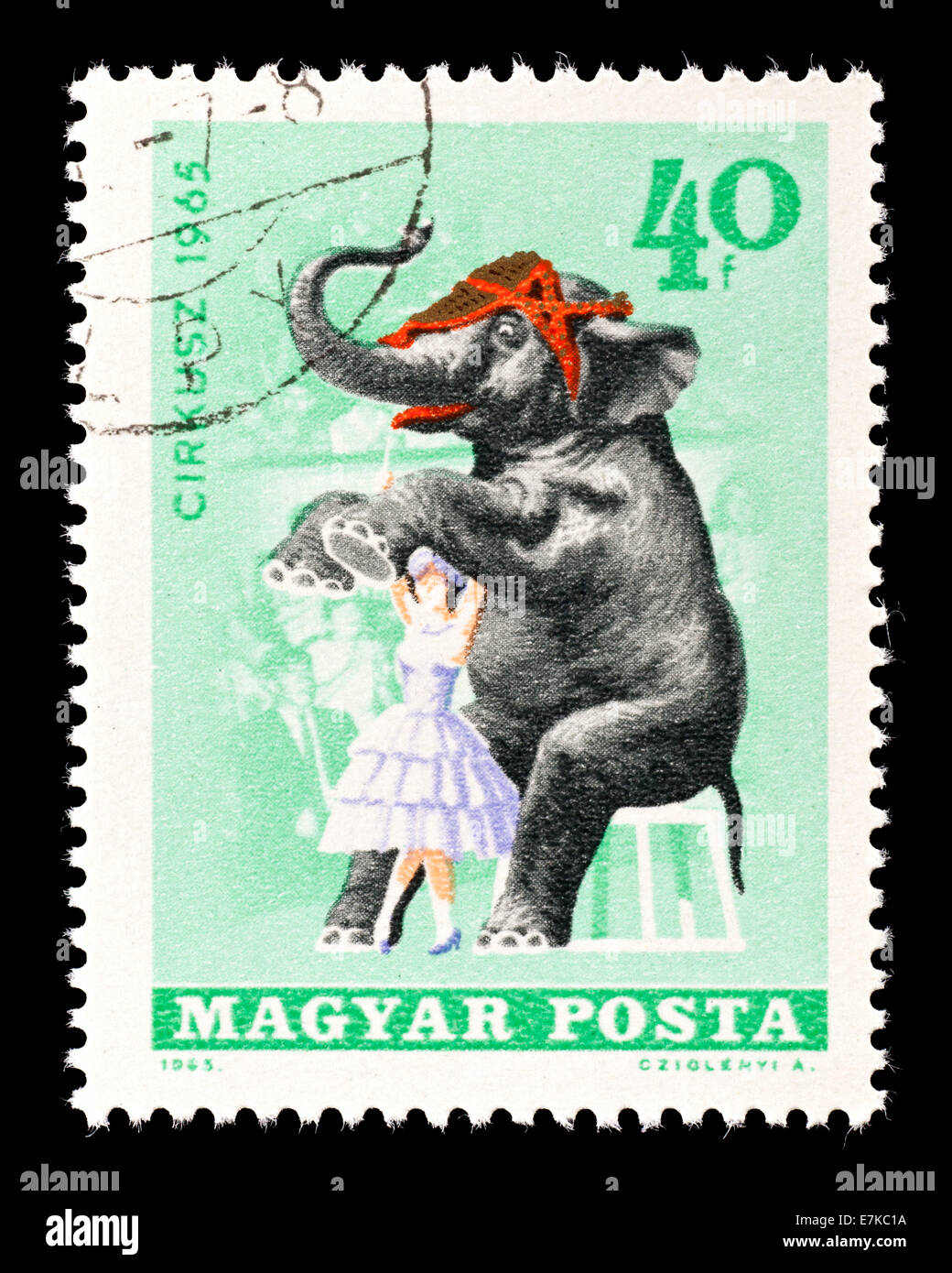 Postage stamp from Hungary depicting a trained Asian elephant and a ...