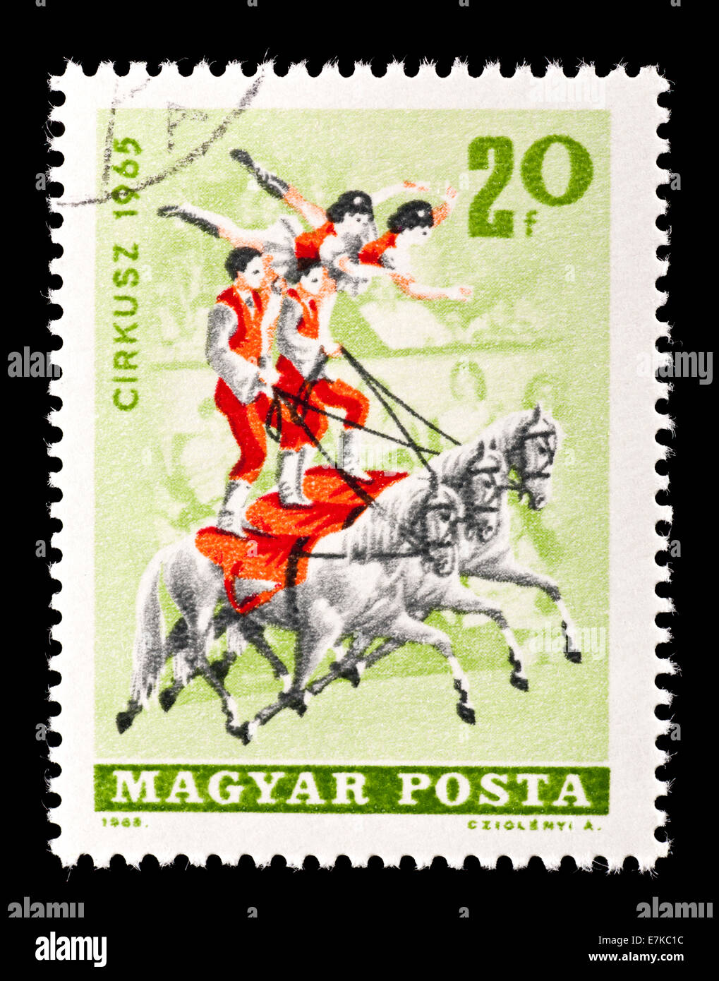 Postage stamp from Hungary acrobats and trained horses from a circus ...